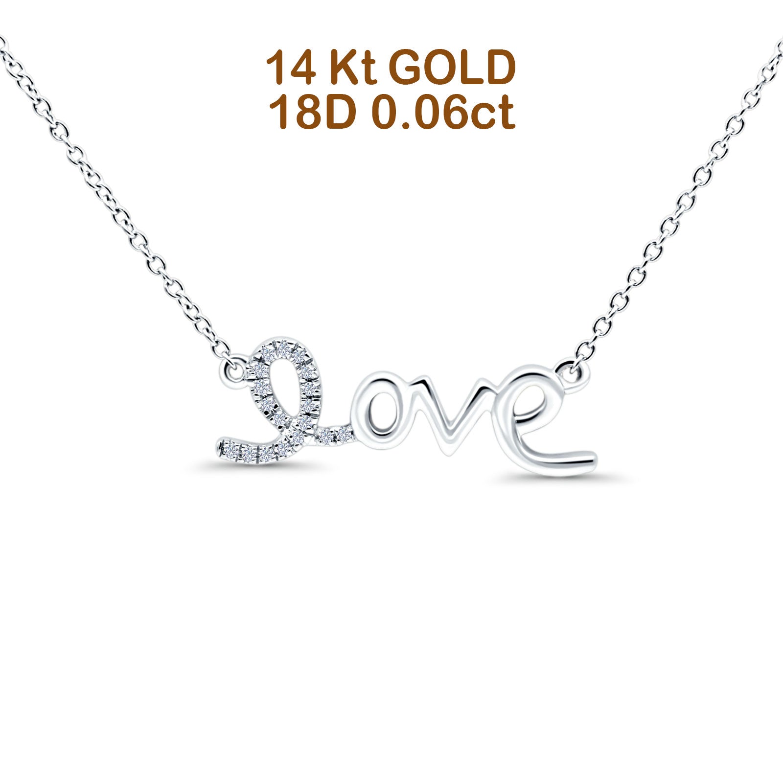 14K White Gold 0.06ct Diamond Heart Love Script Pendant Necklace - 18